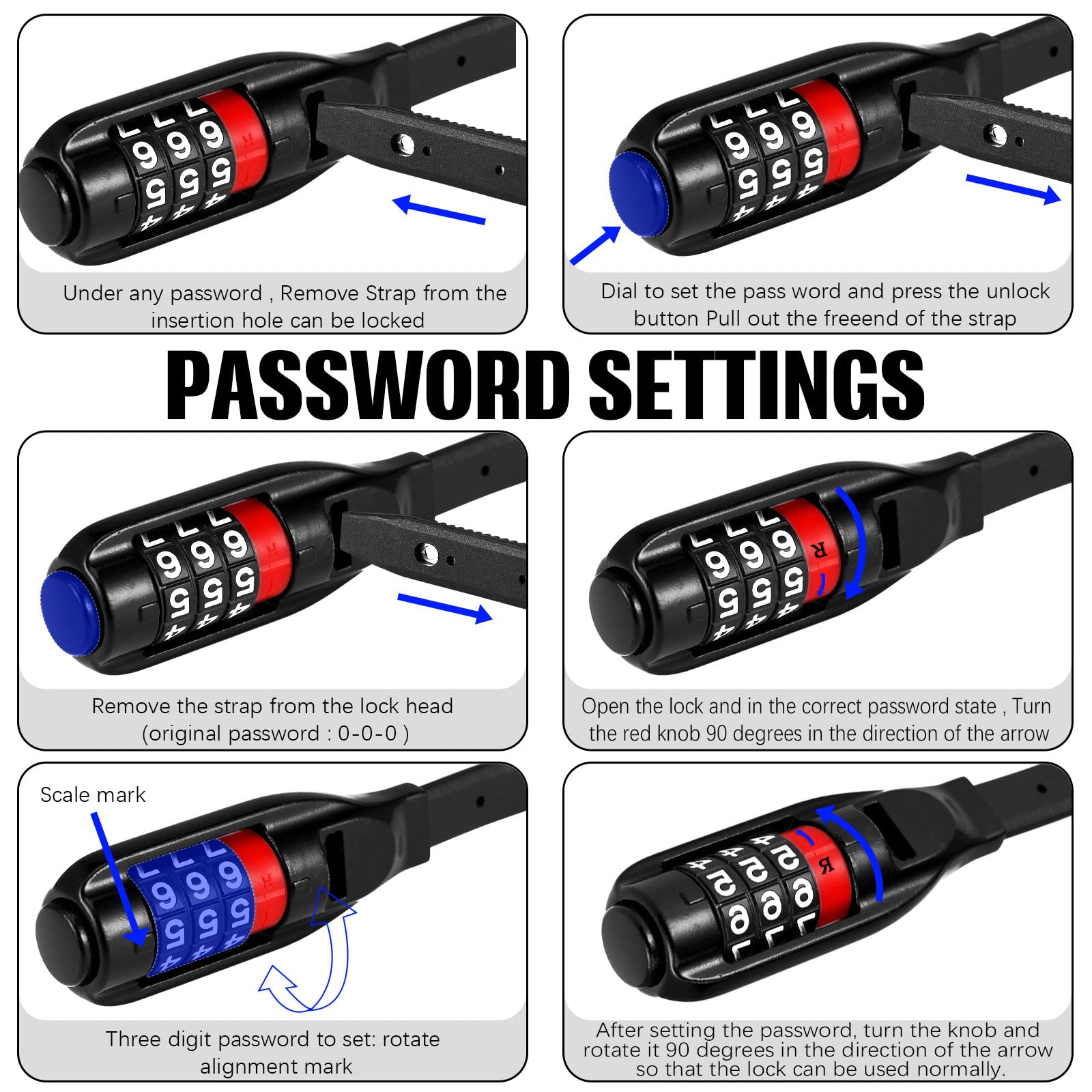 2 Pcs Bike Lock Zip Tie Lock Multi Purpose Combo Lock Combination Bike Lock Lightweight Bicycle Lock Scooter Lock for Quick Stops Door Outdoor Use, Black