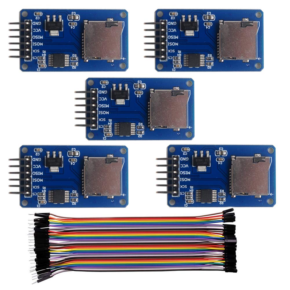 Geekstory 5 PCS Micro SD Card Module Mini TF Card Adapter with Memory Storage Breakout Board SPI Interface Driver + 40 PCS Female to Male Dupont Cable Line for Arduino Raspberry Pi