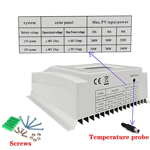 40Amp MPPT Solar Controller 100V Input Tracker for Lithium Iron Phosphate LiFePO4 (Lead Acid AGM) Charger, Solar Panel Maximum Input 520W/1040W (12V/24V) Automatic (K40A)