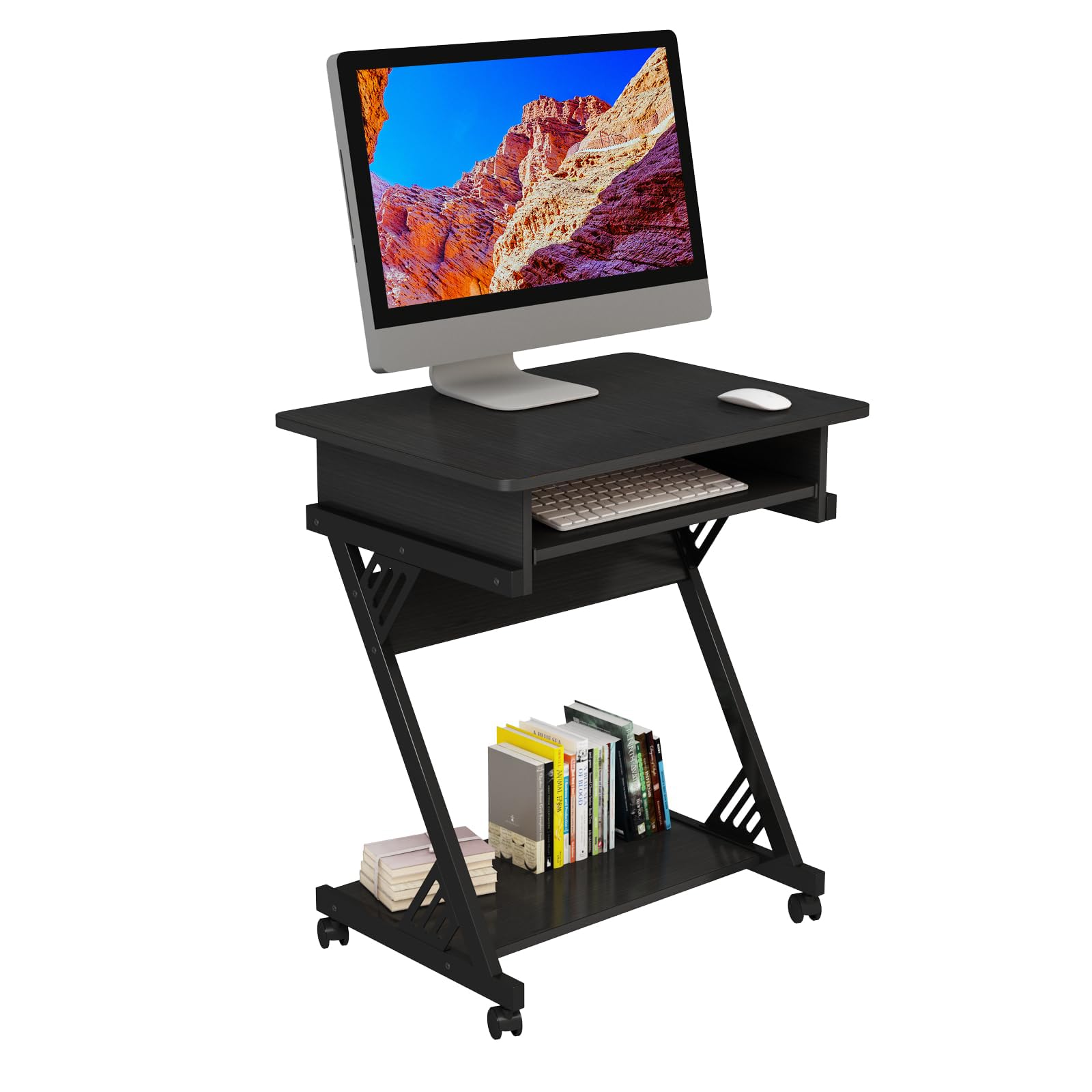 24 Inch Small Computer Desk, 30 Inch Tall Small Standing Desk with Wheels, Rolling Desk for Computer and Bedroom, Home Office Computer Desk, Mobile Computer Portable Laptop Cart with Shelves, Black