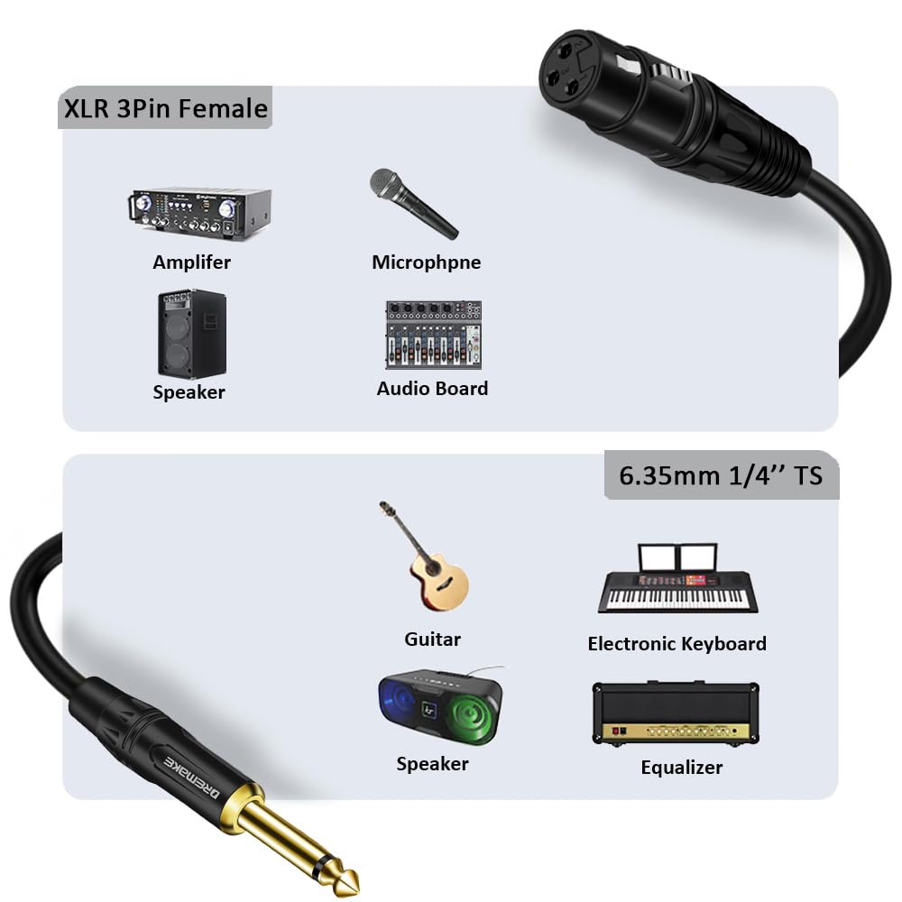 DREMAKE 20FT XLR to TS 6.35mm (1/4 Inch) Mic Cable, XLR 3Pin to Quarter Inch Audio Cord, Mono 6.35mm 1/4 Inch TS Male to XLR Female Unbalance Interconnect Cable for Microphone Console Guitar Mixer AMP