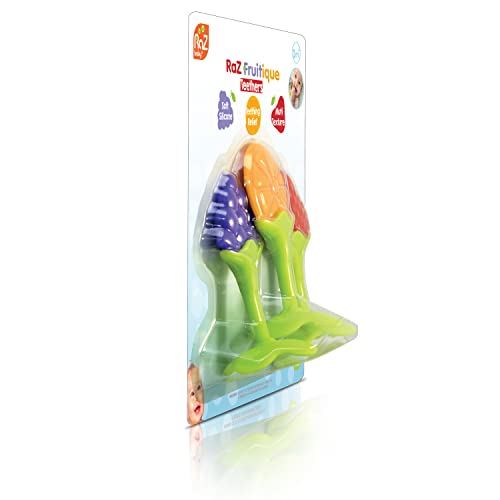 RaZbaby Infant & Baby Massager & Teether Toy 3-Pack, Fruit-Shaped Multi-Texture Teethers Soothe Sore Gums, Non-Toxic BPA-Free Food-Grade Silicone, Hands-Free & Easy to Hold, Safe to Freeze, 3M+