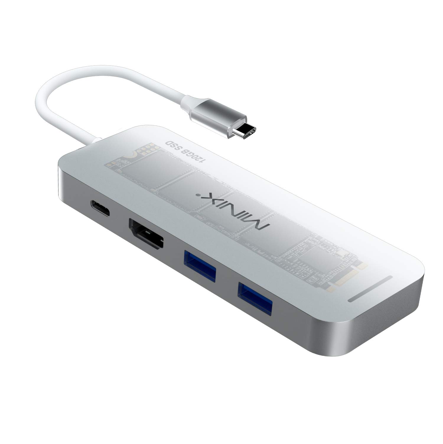 MINIX Storage, 120GB SSD Aluminum USB-C Multiport SSD Storage Hub with Display Output 4K @ 30Hz, 2 x USB 3.0 and USB-C for Power Delivery, Compatible for Apple MacBook. (Silver)