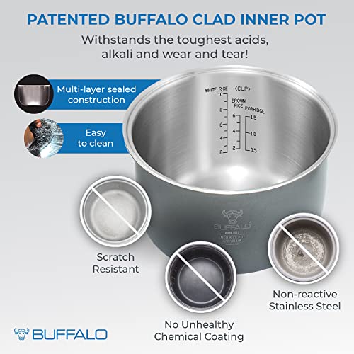Buffalo Classic Rice Cooker with Clad Stainless Steel Inner Pot (10 cups) - Electric Rice Cooker for White/Brown Rice, Grain - Easy-to-clean, Non-Toxic & Non-Stick, Auto Warmer