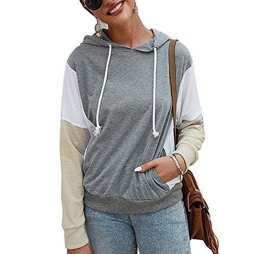 Women's Active Sweatshirt Hoodie,Long Sleeve Block Color Drawstring Pullover Tops with Pockets Gray