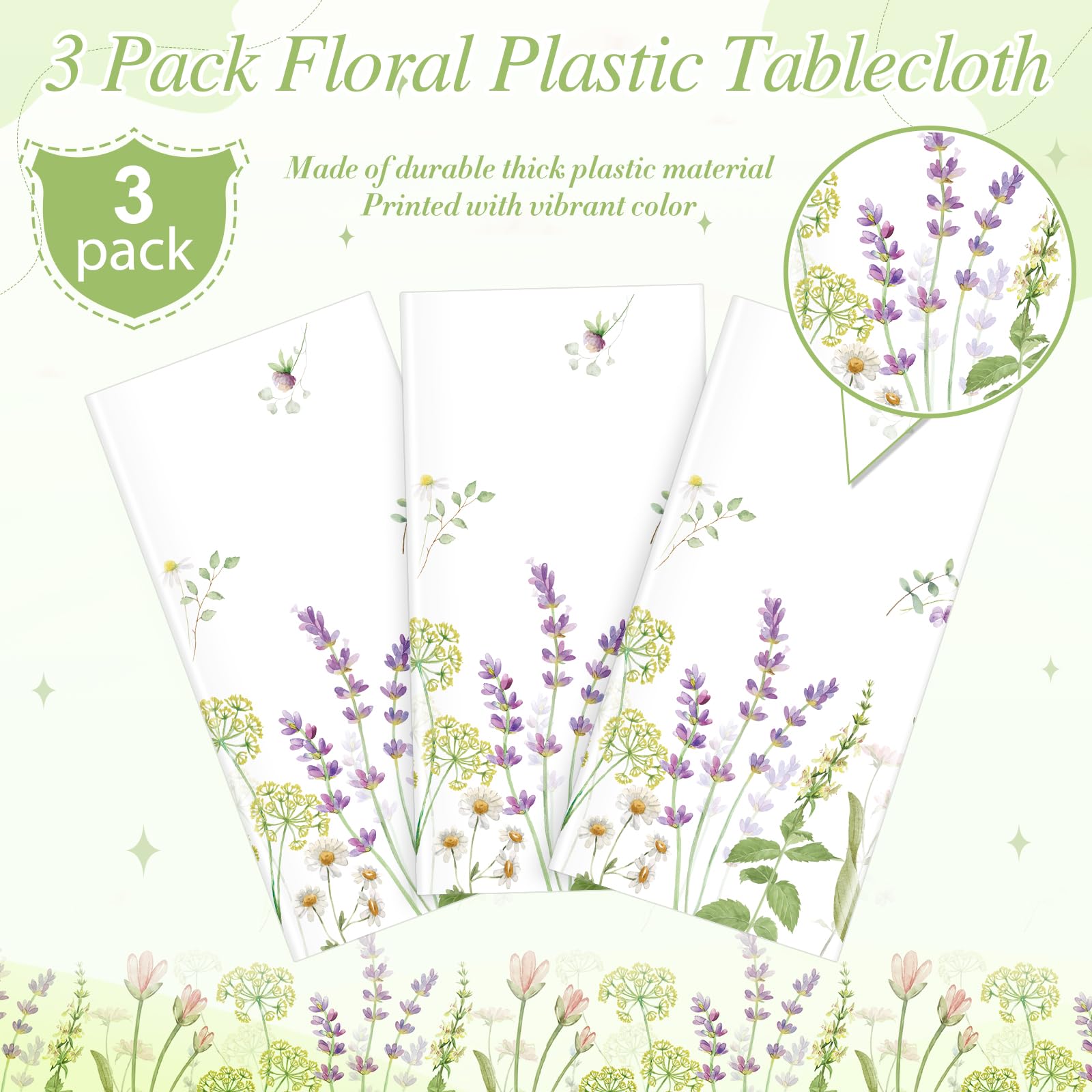 3 Pack Spring Floral Tablecloth, Summer Wildflower Plastic Table Cover for Rectangle Tables, Flower Holiday Disposable Table Cloth for Easter Birthday Picnic Wedding Tea Party Decorations, 54×108 Inch
