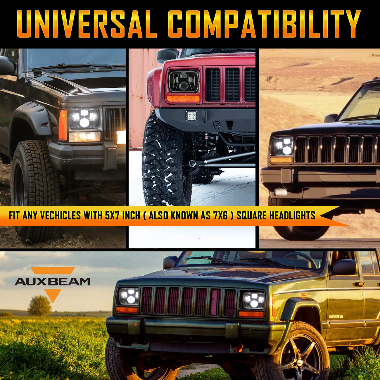 Auxbeam 5x7 7x6 Inch Led Headlights with High Low Beam H6054 6054 Led Rectangular Headlight Compatible for Jeep Wrangler YJ Cherokee XJ GMC Replacement H5054 H6054LL 69822 6052 6053 (Black)