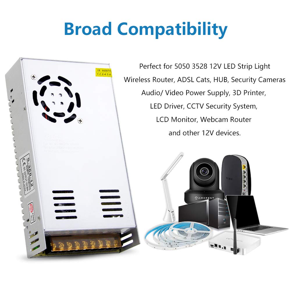 SHNITPWR 12V Power Supply 30A 360W AC to DC Adapter 12 Volt 30 Amp Switching Power Converter Transformer LED Driver 110V 240V AC in for LED Light Strip 3D Printer CCTV Security System LCD Monitor