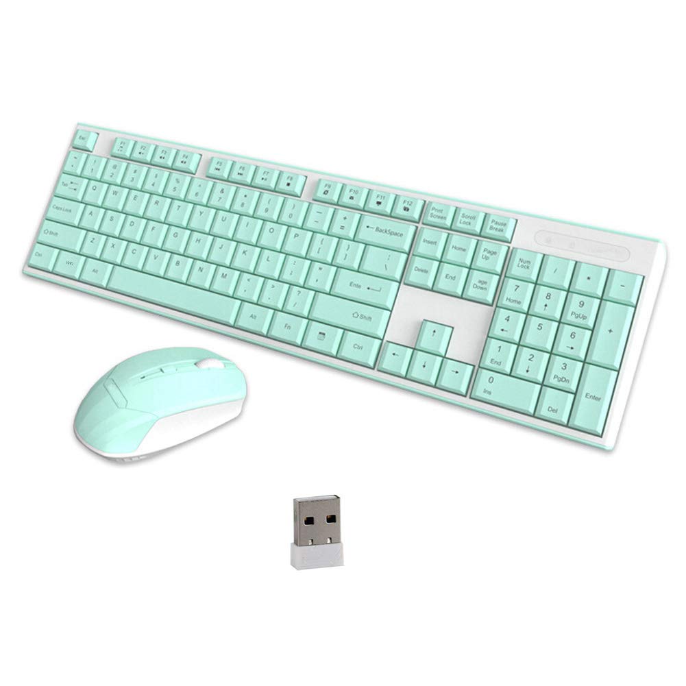 Wireless Keyboard Mouse Combo,2.4G USB Cordless Cute Lightweight Mute Chocolate Keyboard and Optical 800-1200-1600DPI Adjustable Mouse Set Office Game Home Use for Notebook Laptop Computer (Green)