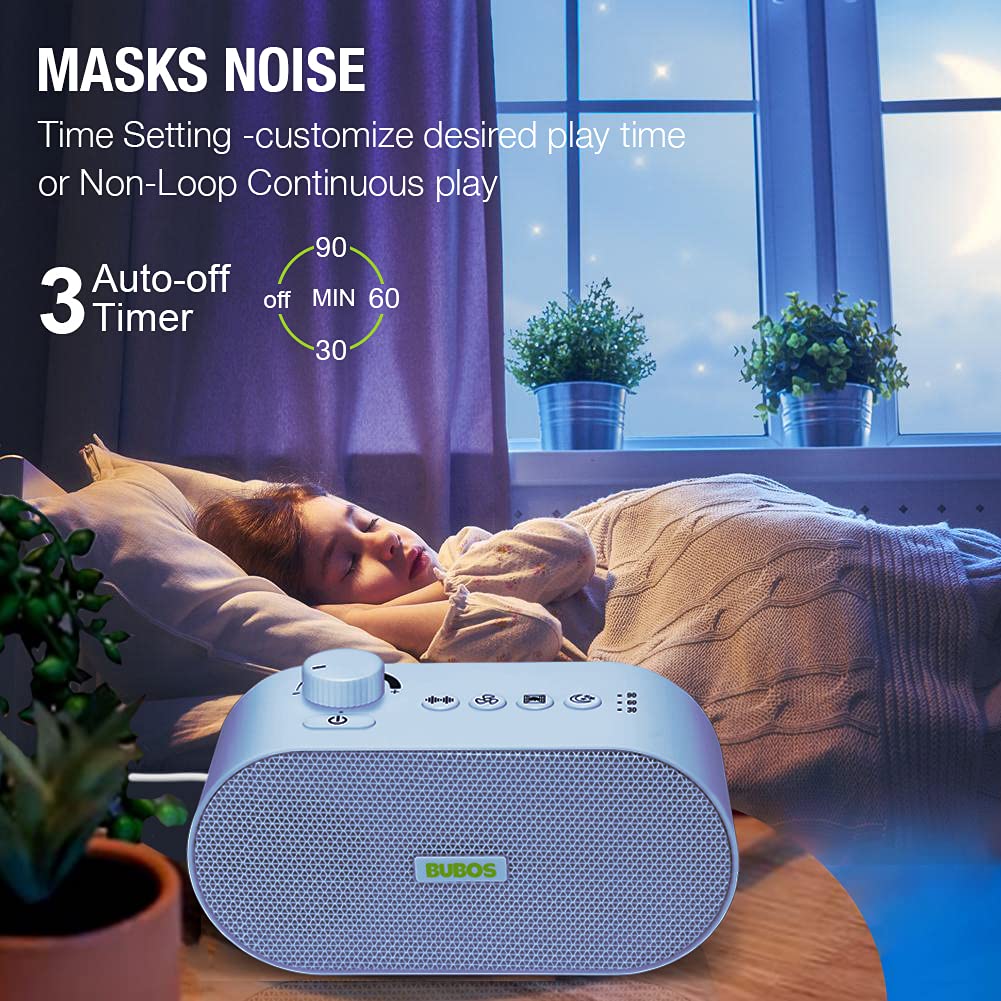 Bubos White Noise Machine, Sound Machine for Sleeping & Relaxing, 26 Non-Looping HiFi Smooth Sounds, 3 Auto-Off Timer, Portable, Sleep Therapy for Home, Office, Baby, Kid,Pets, USB or AC Powered