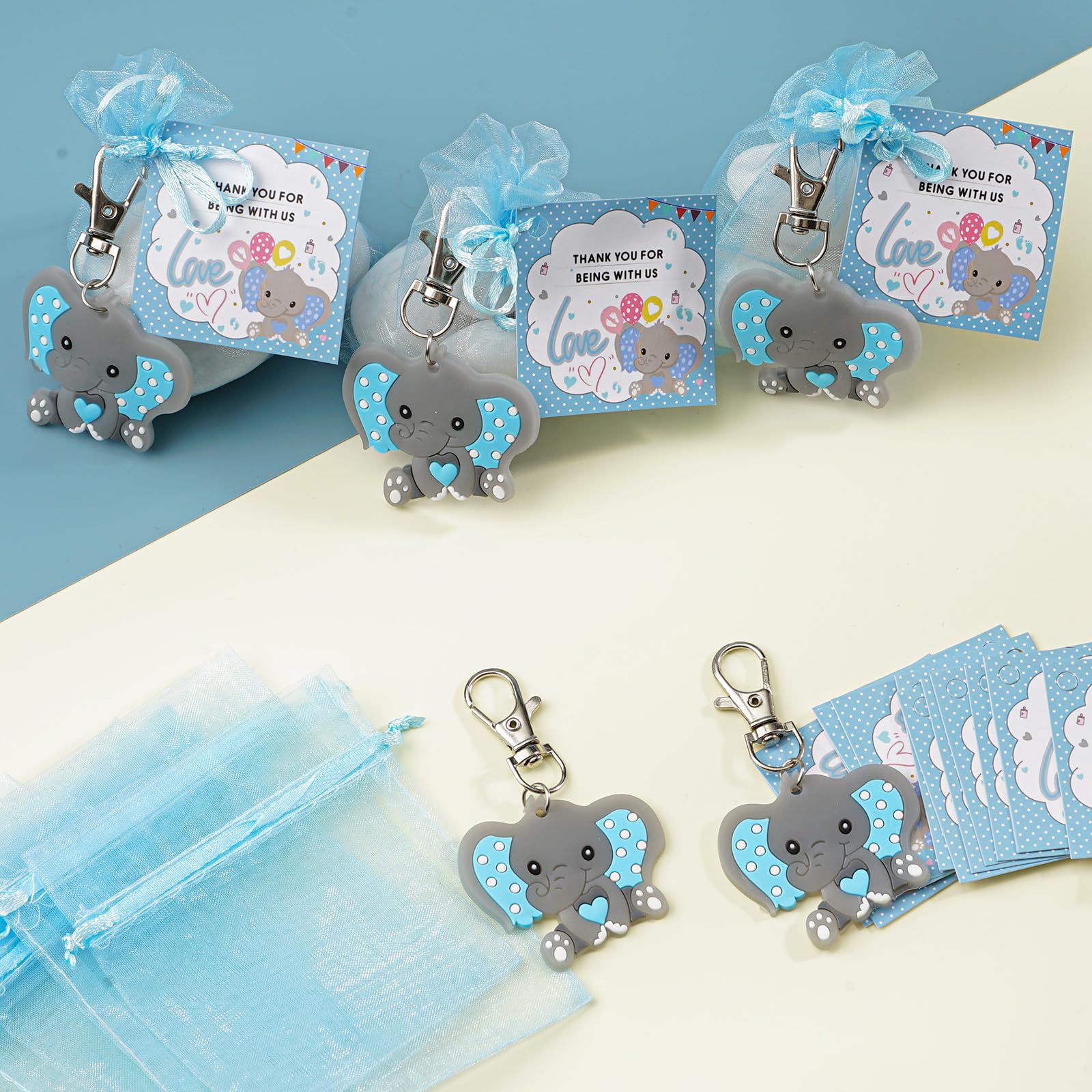 40 Sets Baby Shower Favors for Boys, Guests Gifts Including Elephant Keychains Decorations, Drawstring Bags, Thank You Cards