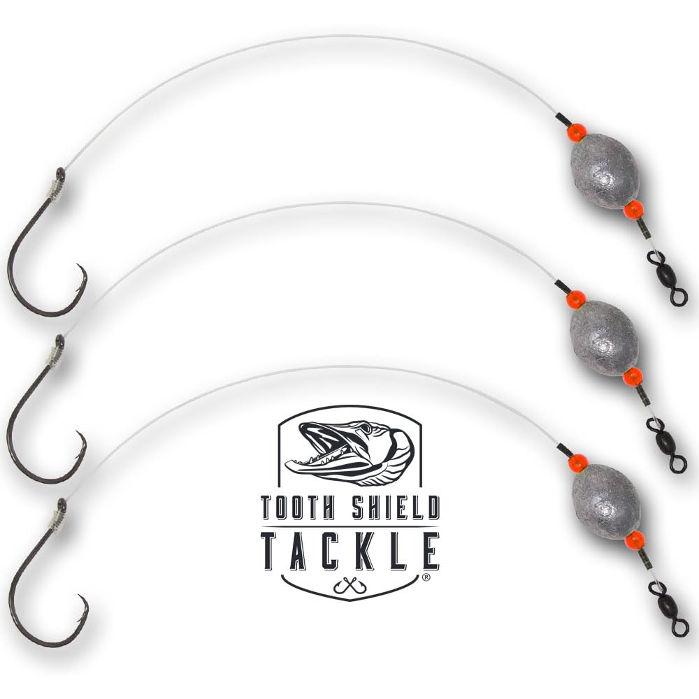3 Pack Tooth Shield Tackle Carolina Drum Rig Redfish Rig Catfish [80lb Fluorocarbon - 4/0 Circle Hook] 3/4 oz Weight Offshore Saltwater Big Game Grouper Snapper Leaders Rigs Bottom Fishing [Red]