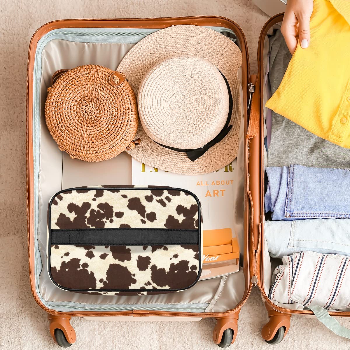 Women Large Professional Travel Makeup Bag Pouch with Big Cow Fur Print Pattern Print,Portable Train Cosmetic Case Organizer for Cosmetics Makeup Brushes Toiletry Jewelry Digital Accessories