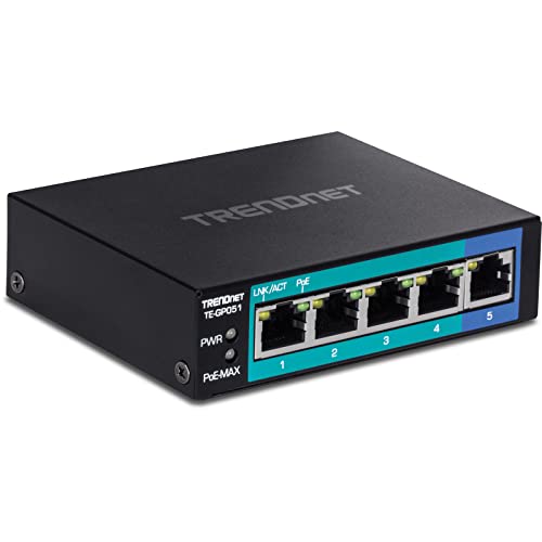 TRENDnet 5-Port Unmanaged Gigabit PoE+ Switch, 4 x Gigabit PoE+, 1 x Gigabit Port, 10Gbps Switching Capacity, 35W PoE Power Budget, Metal Network Ethernet Switch, Fanless, Black, TE-GP051