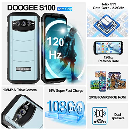 DOOGEE S100 Rugged Smartphone(2023), 20GB+256GB Dual 4G Gaming Rugged Phones Unlocked, 120Hz 6.58" Rugged Cell Phone, 66W Fast Charge, Dual Speakers, Android 12, 108MP Camera, Night Vision, NFC, OTG