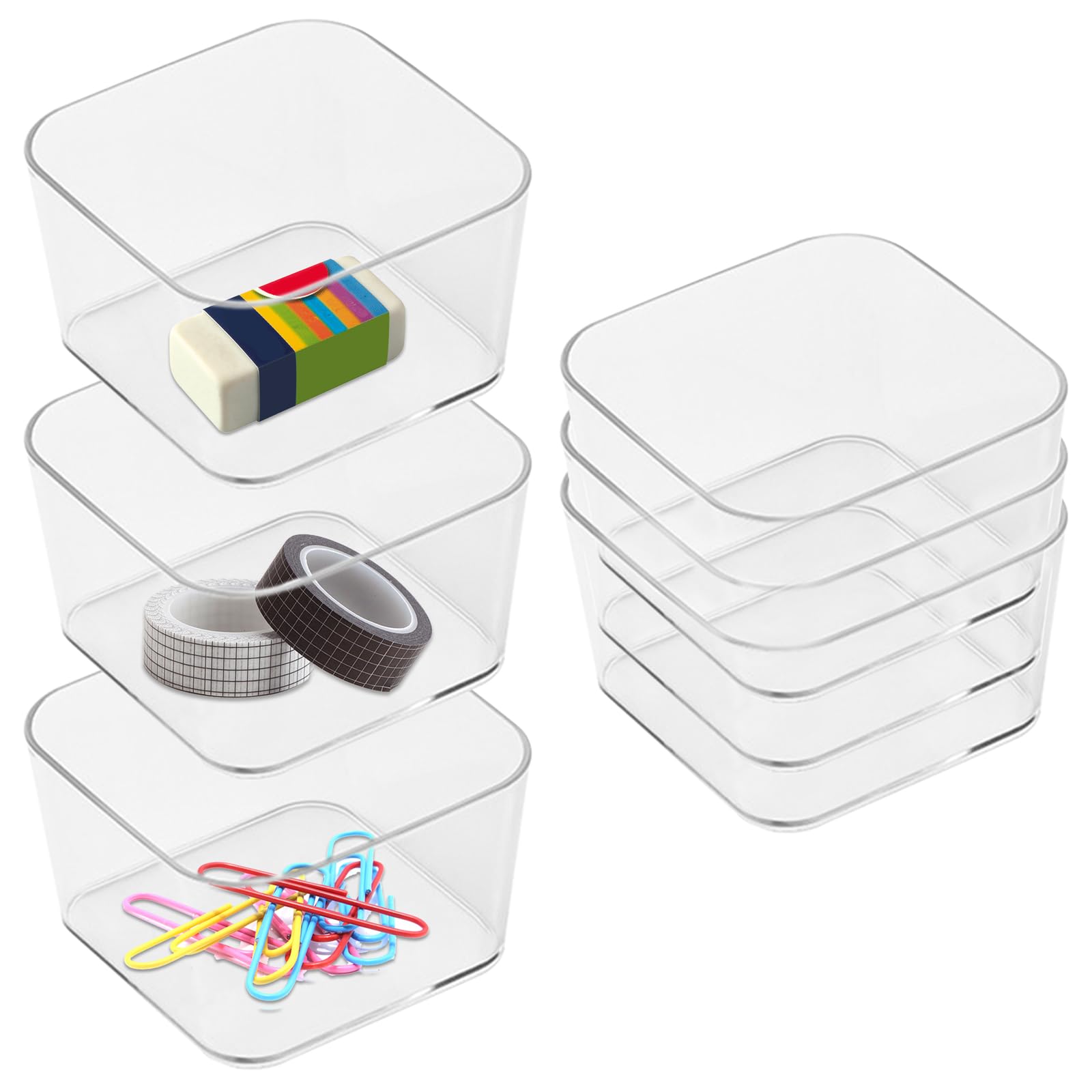 6pcs Clear Acrylic Storage Container, Desk Organizer Drawer Square Tray, Small Makeup Vanity Storage Bins Widely for Kitchen Cabinet, Tool, Office Desk, Gadgets, Pens, Paper Clips, No Lid