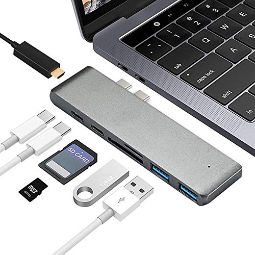 XUNMAIFHB Portable Docking Station,Double Head Type-c HUB to hdmi 4k hub + Card Reader + Type-c Docking Station Lightning 3 Interface Fast Transmission, Silver