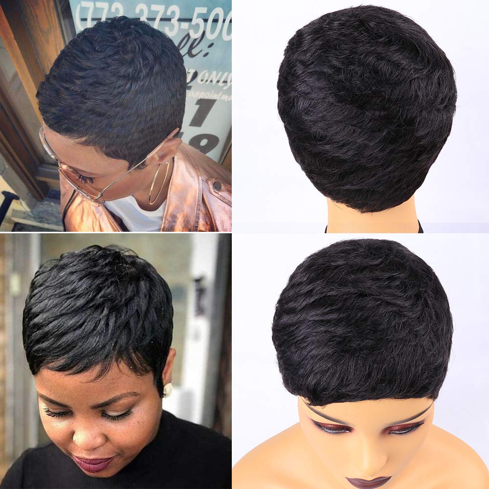 VRVogue Pixie Wigs Short Black Wavy Layered Short Human Hair Wigs for Black Women (1B#)