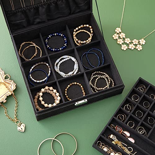 Black Jewelry Box with Lock and Key, 2 Layer Travel Display Case and Storage Organizer with Removable Tray for Earrings, Men, Girls, and Women (10.5x10.5x3.5 in)