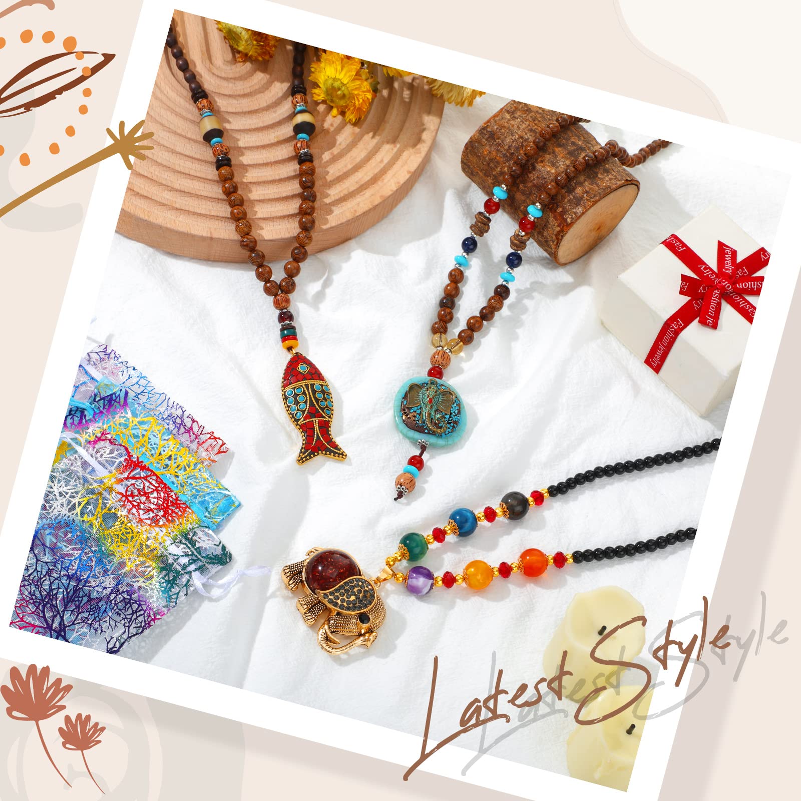 3 Pcs Boho Long Pendant Necklaces for Women Boho Long Wooden Beaded Necklace Handmade Turquoise Fish Elephant Necklace Boho Jewelry with Storage Bag for Women(Exquisite Style)