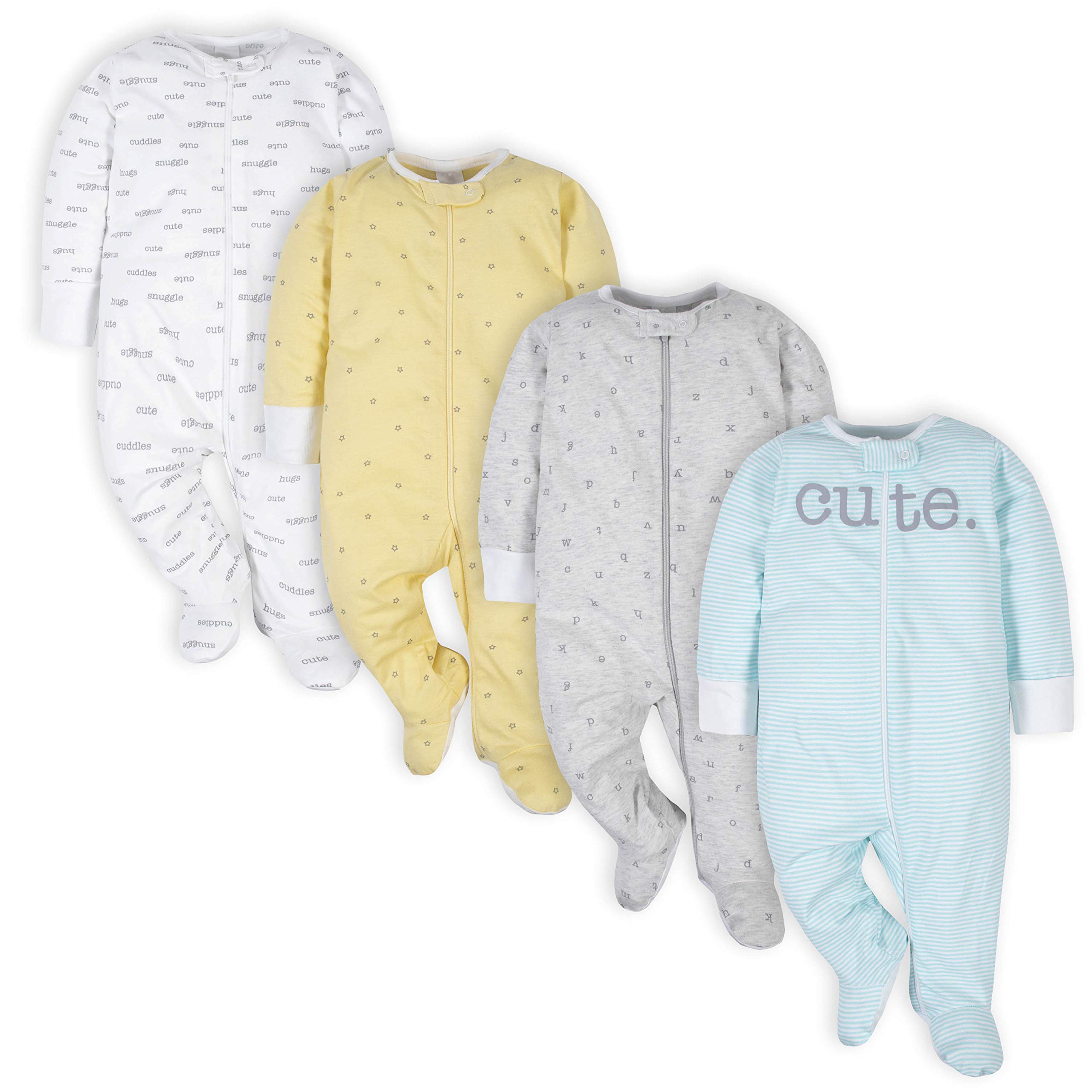 Gerber Unisex Baby 4 Pack Sleep 'N Play Footie Words Grey 0-3 Months