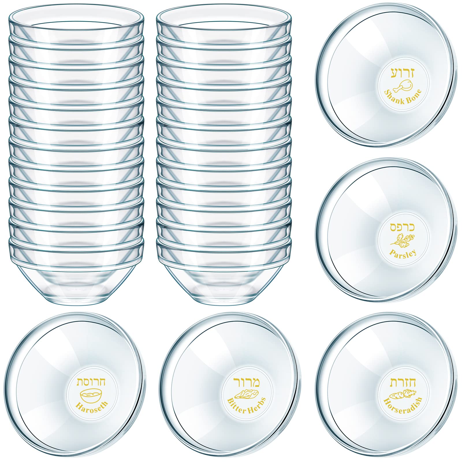 24 Pcs Passover Seder Plate Glass Dishes Liners Mini Plates 4 Sets of 6 with Hebrew and English Translation Glass Seder Plate Liners Decor for Passover Pesach Seder Round Glass Bowls, Small