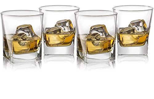 Double Old Fashioned Whiskey Glass (Set of 4) with Granite Chilling Stones - 10 oz Heavy Base Rocks Barware Glasses for Scotch, Bourbon and Cocktail Drinks