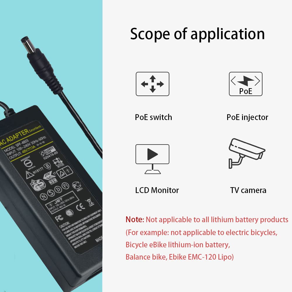 Snsnlent AC DC 48V 3A Power Supply Adapter 144W 48V Charger 48V 3A Switching Power Transformers Interface 5.5 x 2.5mm Suitable for POE Routers Switches Control Systems