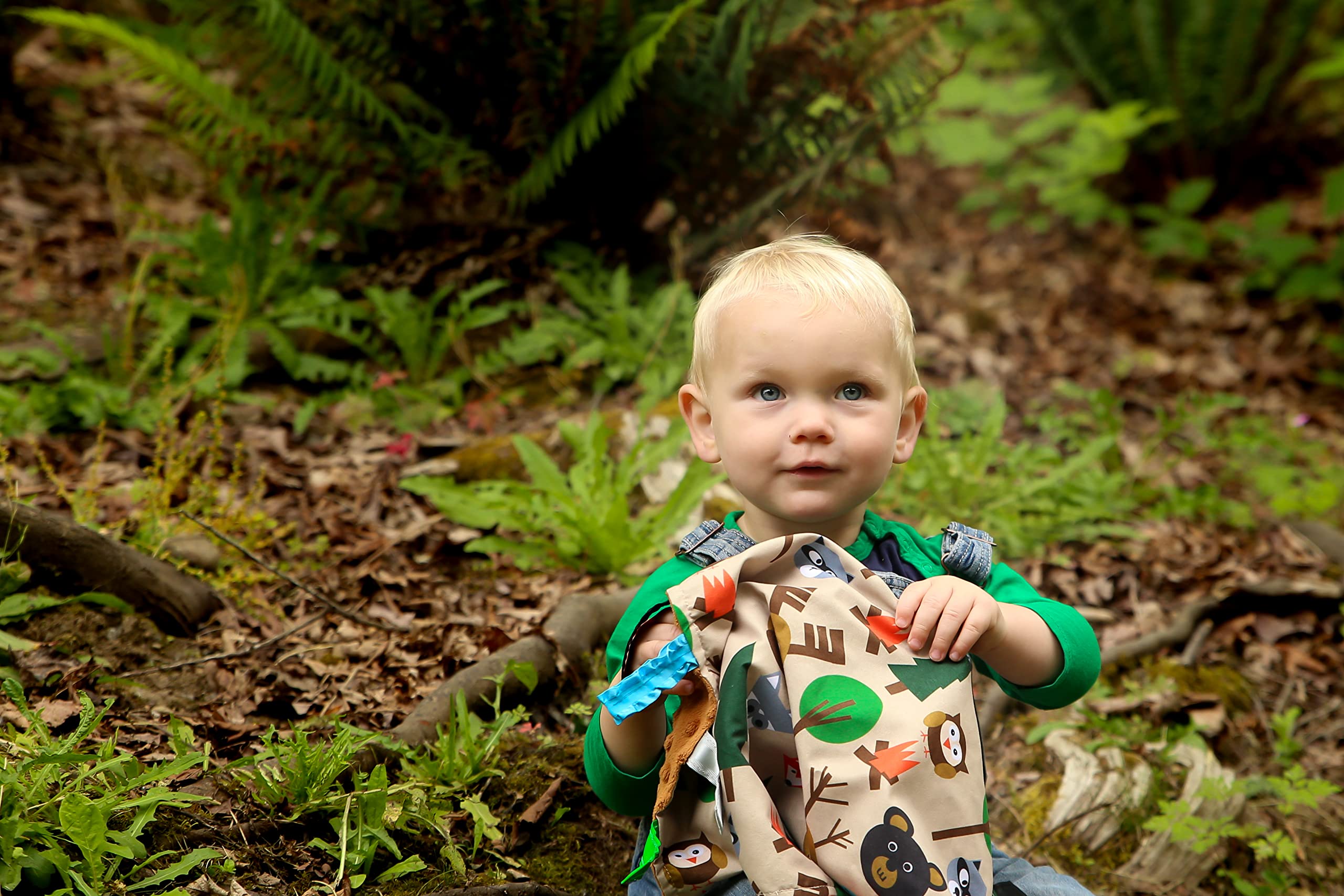 Baby Sensory, Security & Teething Closed Ribbon Tag Lovey Blanket with Minky Dot Fabric: 14”X18” (Forest)