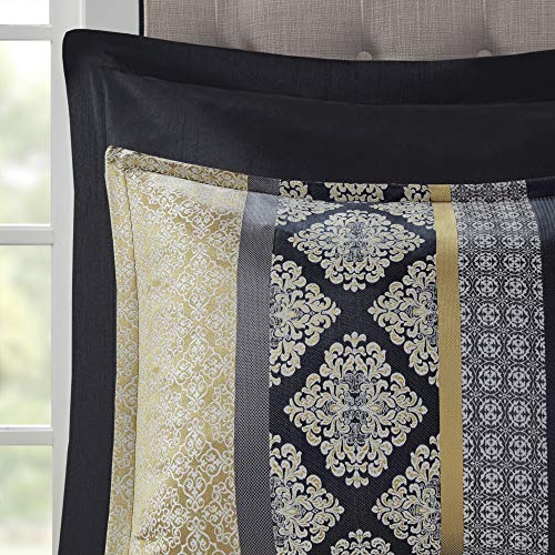 Madison Park Essentials Windsor 24-Piece Room in A Bag Comforter Set-Satin Jacquard All Season Luxury Bedding, Sheets, Decorative Pillows and Curtains, Valance, Queen (90 in x 90 in), Black/Gold