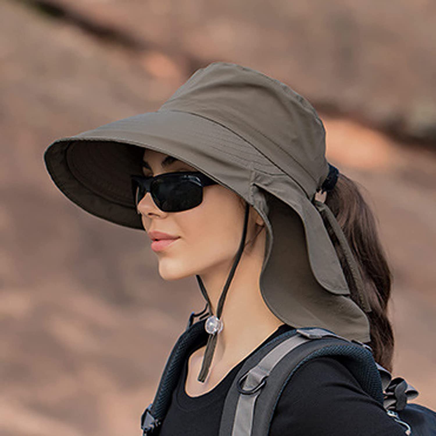 3 Pack Womens Ponytail Sun Hat with Neck Flap Wide Brim UV Protection Bucket Hat Summer Beach Fishing Hiking Garden UPF 50+ (3 Pack-Dark Grey&Light Grey&Army Green)