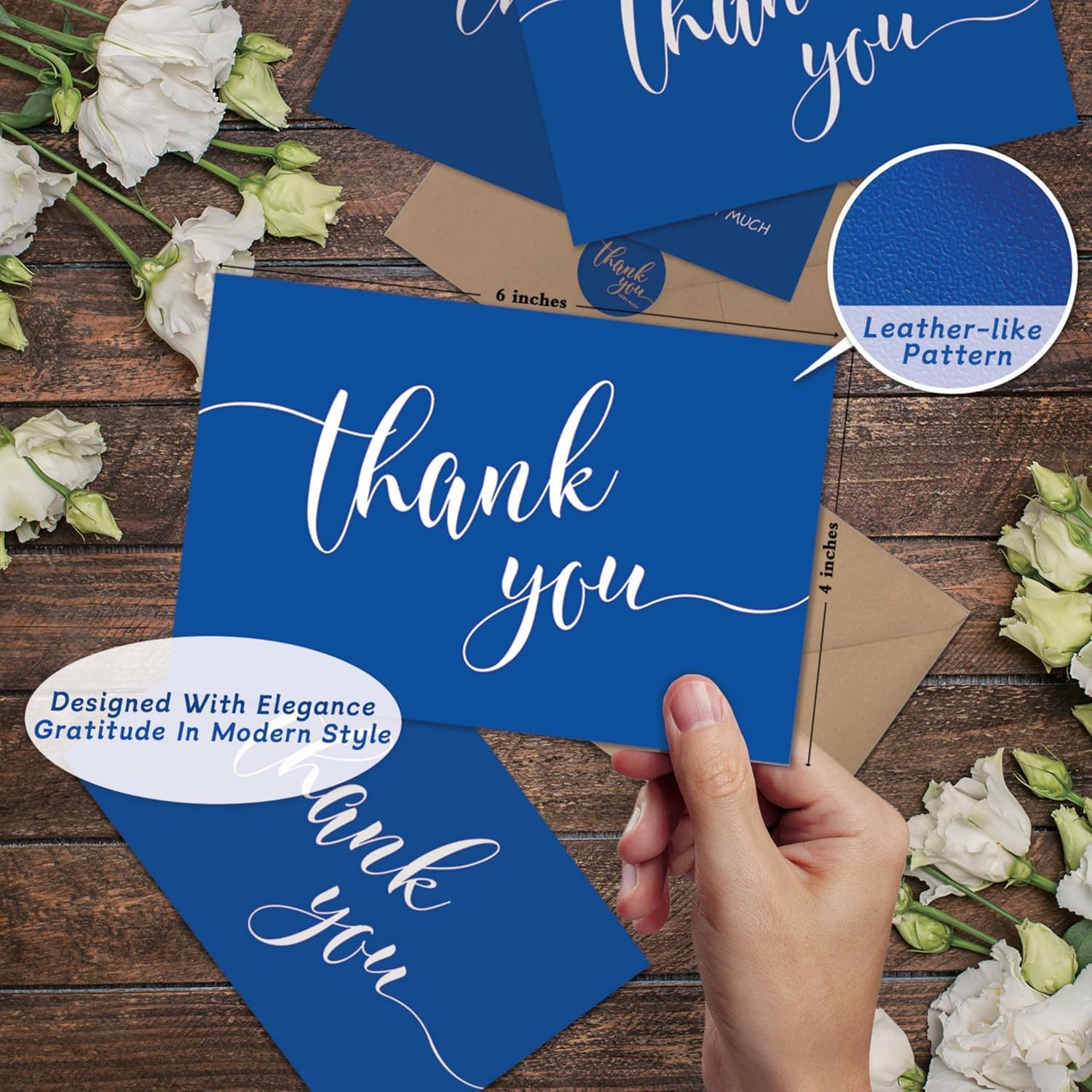 24 Pack Blue Thank You Cards With Envelopes and Stickers Leather Texture 4x6 Inch Blank Thank You Gift Note Cards Bulk for Wedding, Small Business, Baby Shower, Funeral, Graduation, Anniversaries
