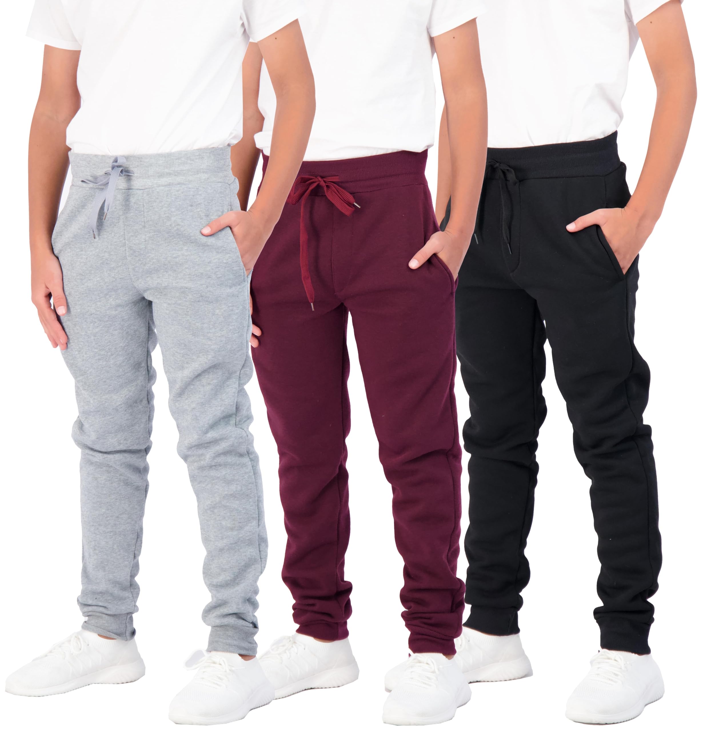 3 Pack: Boys Girls Youth Teen Active Athletic Basic Soft Tech Sports Fleece Jogger Soccer Track Gym Running Slim Fit Tapered Sweatpants Casual French Terry Quick Dry Fit Pockets-Set 2,M(10/12)