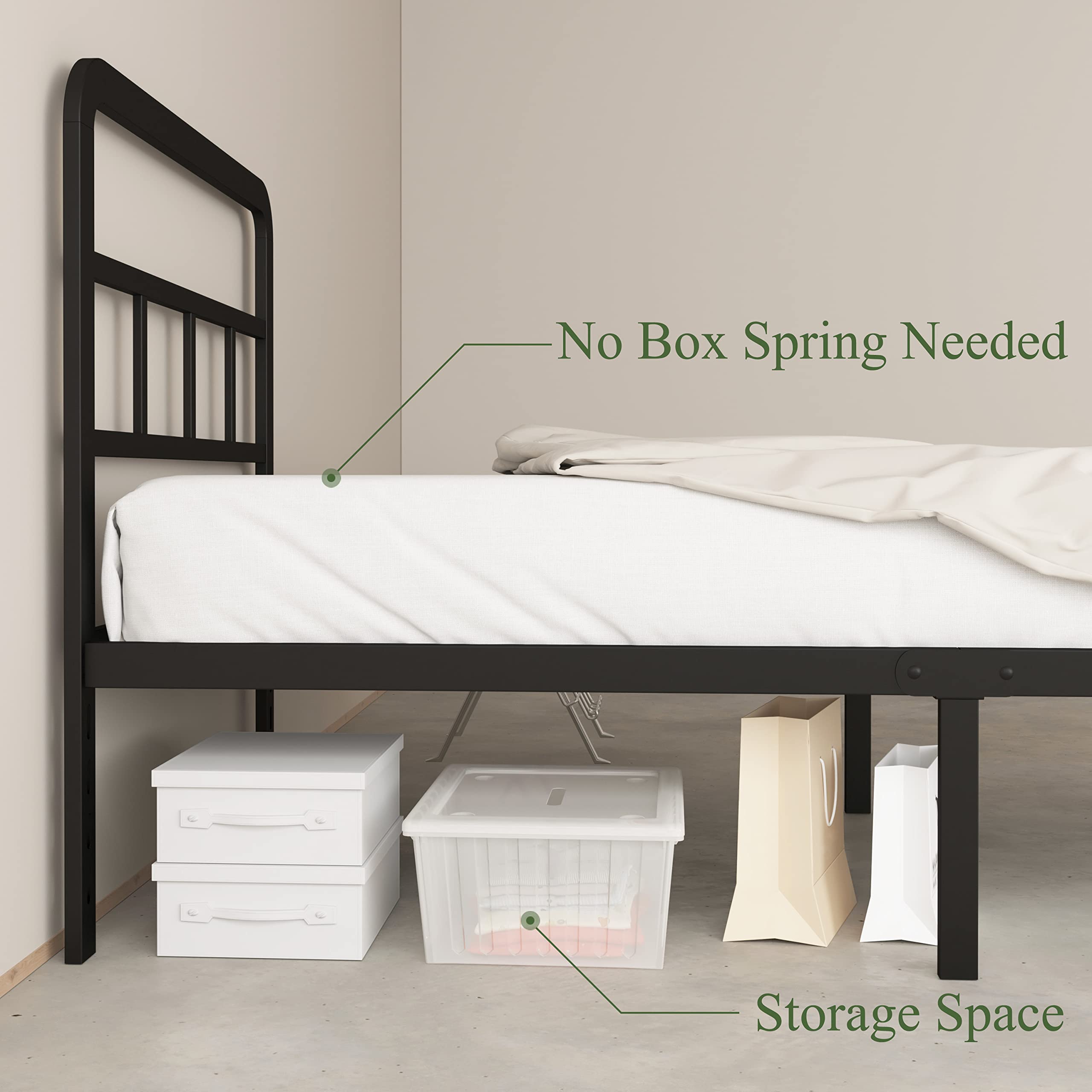 Maenizi Twin Bed Frames with Headboard, 14 Inch Twin Bed Frames No Box Spring Needed Support Up to 2500 lbs, Noise Free, Easy Assembely, Black