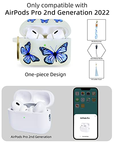 Airpods Pro 2 Case with Keychain Wristlet, Soft Cute Luminous Airpods Pro 2nd Generation Case Cover with Wrist Key Lanyard for AirPods Pro 2nd Generation (2022 Released) Gifts for Women Butterfly
