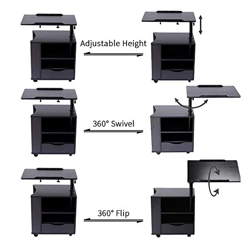 SIDUCAL Multi-Functional Wooden Bedside Table Height Adjustable & 360 Rotation Table top Rolling Laptop Desk Computer Table,Nightstand with Drawers, Black (Right Side) …