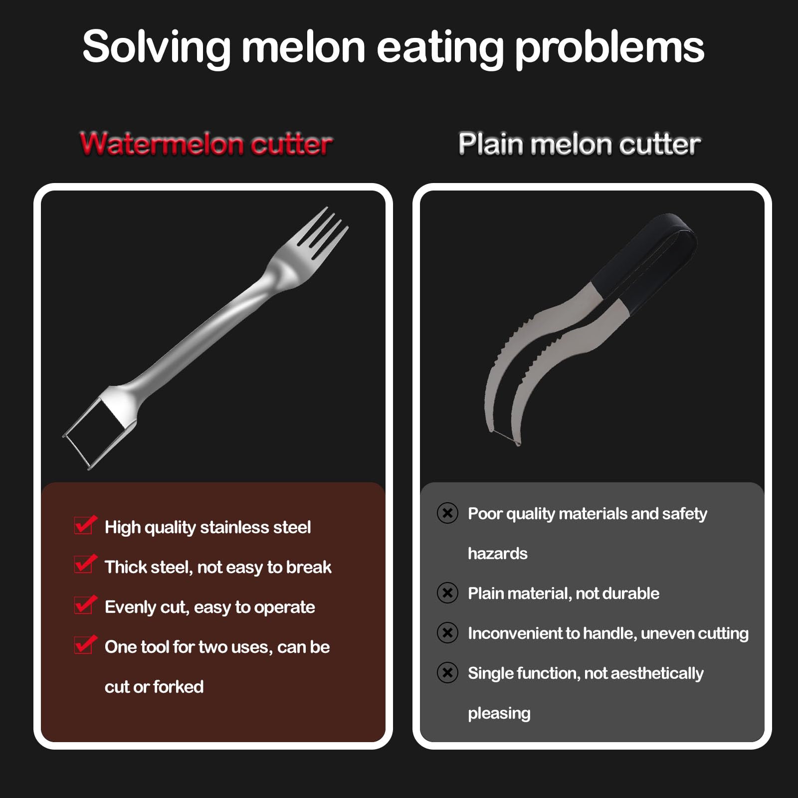 Aphrordity 2 Pcs Watermelon Fork Slicer Cutter, Stainless Steel Watermelon Slicer Cutter 2-In-1 Summer Watermelon Fruit Cutting Fork, for Home Party Camping Kitchen Gadget