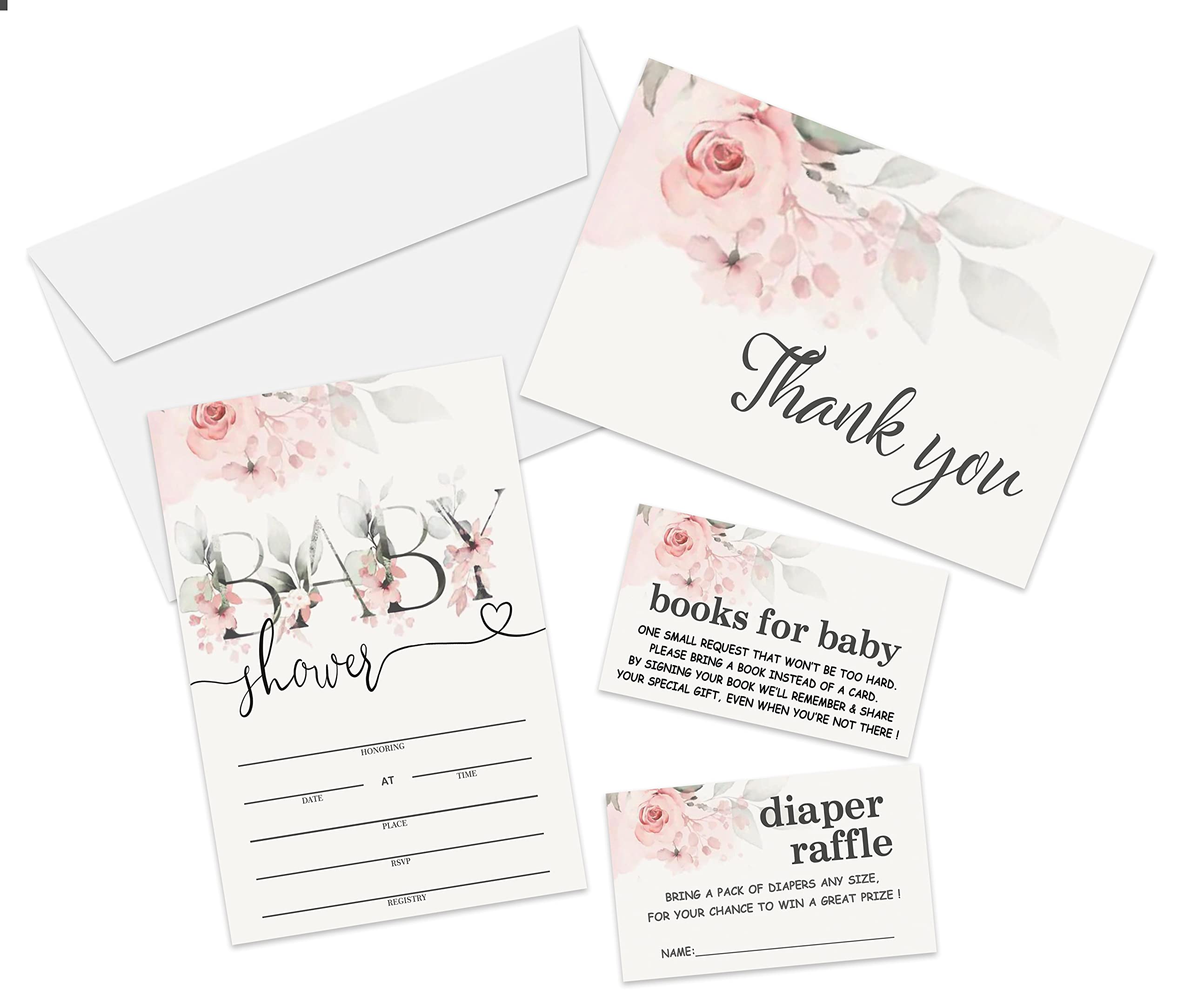 Baby Shower Invitation Set, Books For Baby, Thank You, Diaper Raffle, Fill In Invites Cards, Each Design 25 Cards & Envelopes (Total 100 Cards) ā (bb018-taozhuang)