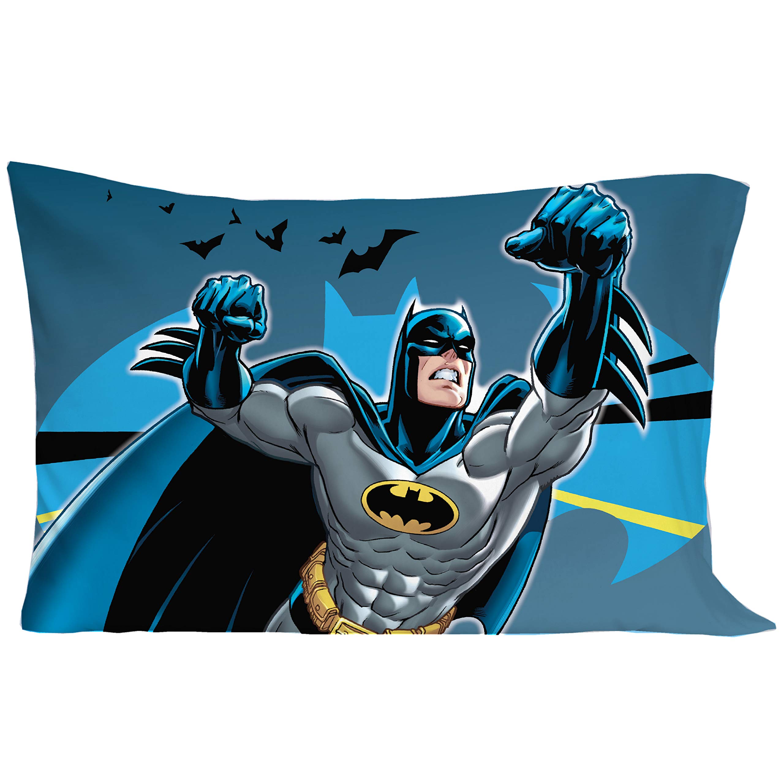 NoJo Batman - Blue Yellow & Grey 4Piece Toddler Bed Set - Comforter, Flat Top Sheet, Fitted Bottom Sheet, Reversible Pillowcase, Blue, Yellow, Black