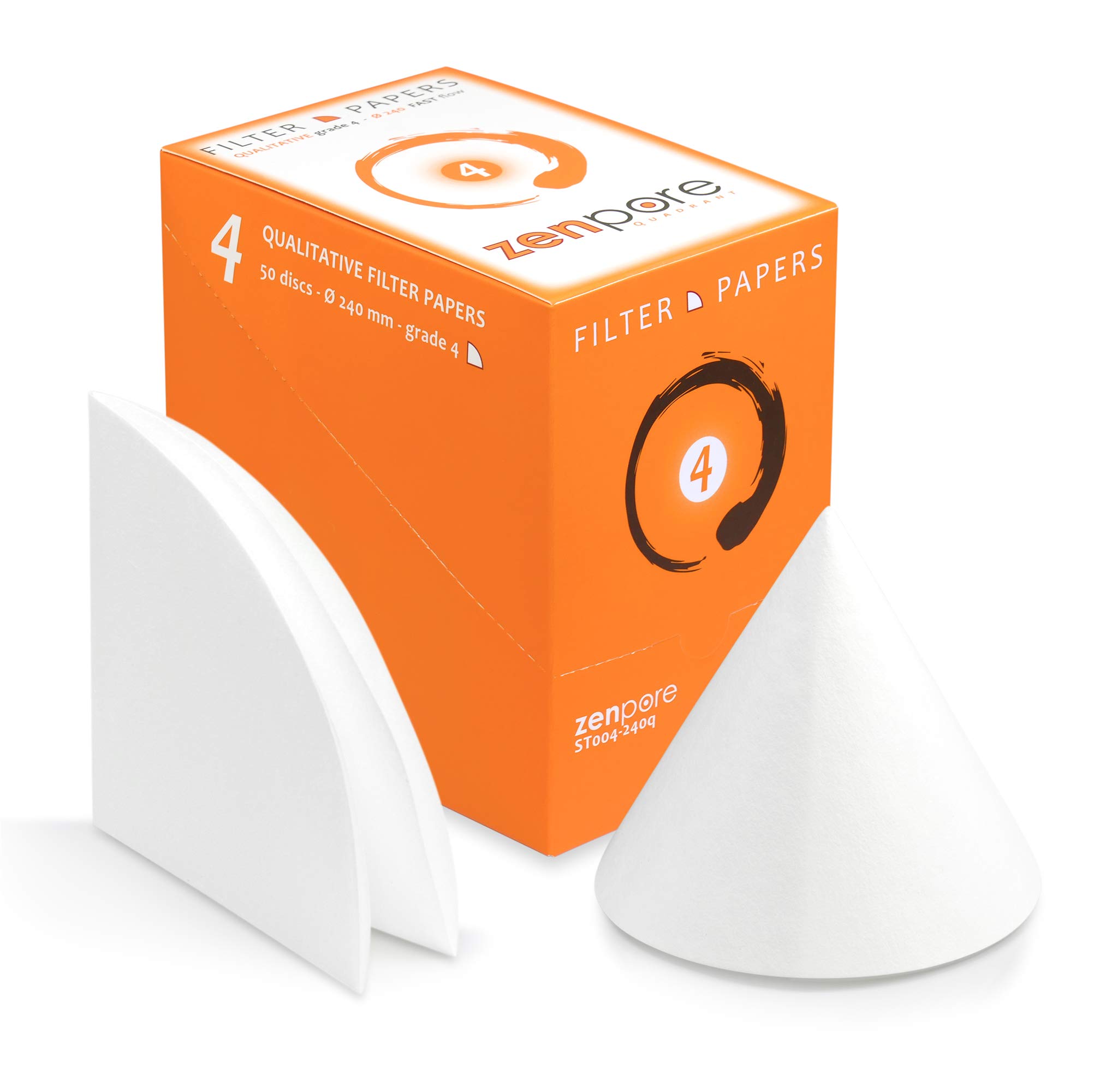 24 cm Quadrant-Folded Filter Paper, Pre-Folded disks, Qualitative Grade 4 - ZENPORE Fast Flow 240 mm (50 Discs)