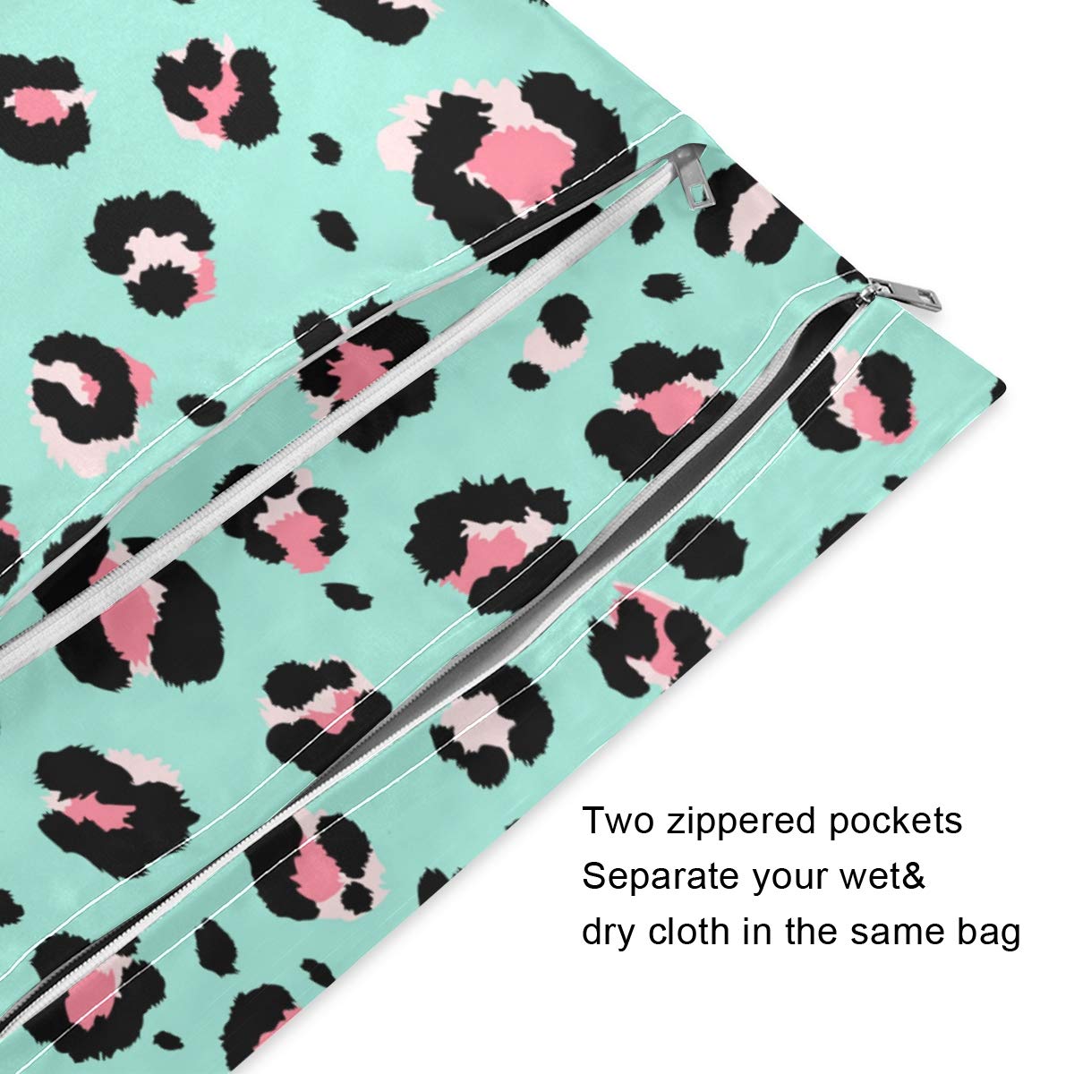 Waterproof Wet Dry Bag 2 Pack Animal Leopard Print Cloth Diaper Bag Organizer Pouch Set with Zipper Pocket Washable Wet Bag for Travel Hiking Swimsuit