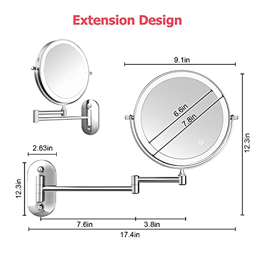 Rechargeable Lighted Wall Makeup Mirror, 2-Sided 1X 7X Magnifying, 8 Inch Lighted Wall Mount Mirror with Medical-Grade 3 Color Lights, Touch Screen Dimming, Extended Arm 360 Rotation (Chrome)