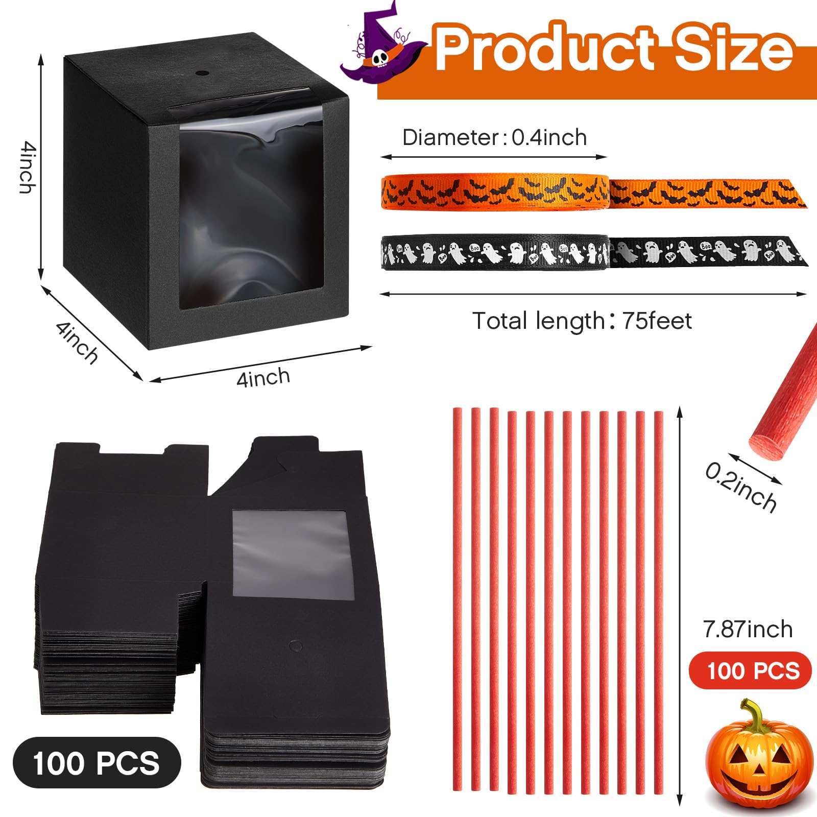50 Sets Halloween Kraft Candy Apple Boxes with Hole Stick and Ribbons 4x4x4'' Window Clear Favor Boxes Candied Cake Cookies Chocolate Caramel Apple Boxes Gift Treat Boxes for Wedding Party (Black)