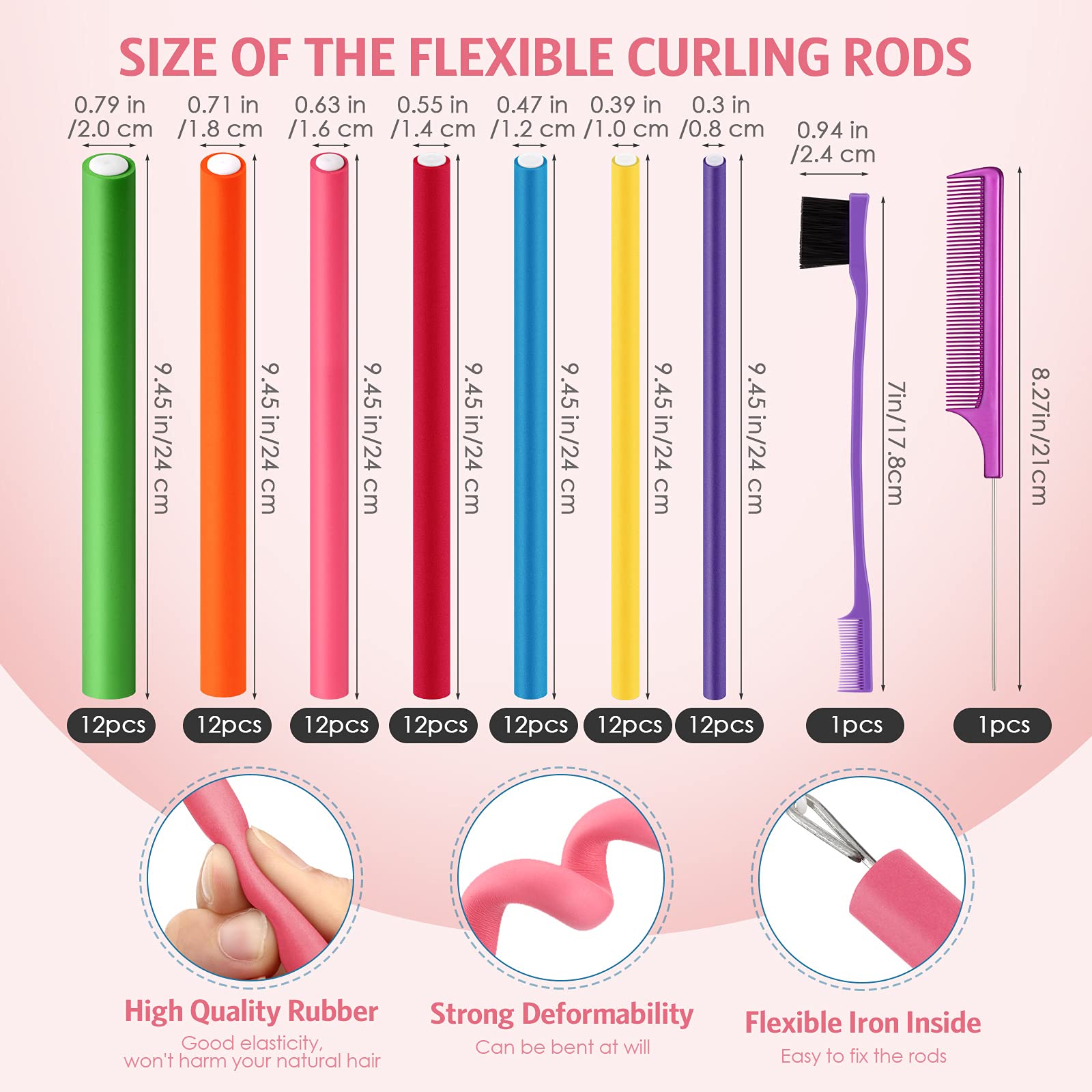 Tigeen 84 Pieces Flexible Curling Rods Twist Foam Hair Rollers Soft Foam Bendy Hair Rollers No Heat with Rat Tail Comb Edge Brush for Short Medium Long, 7 Sizes(Purple)
