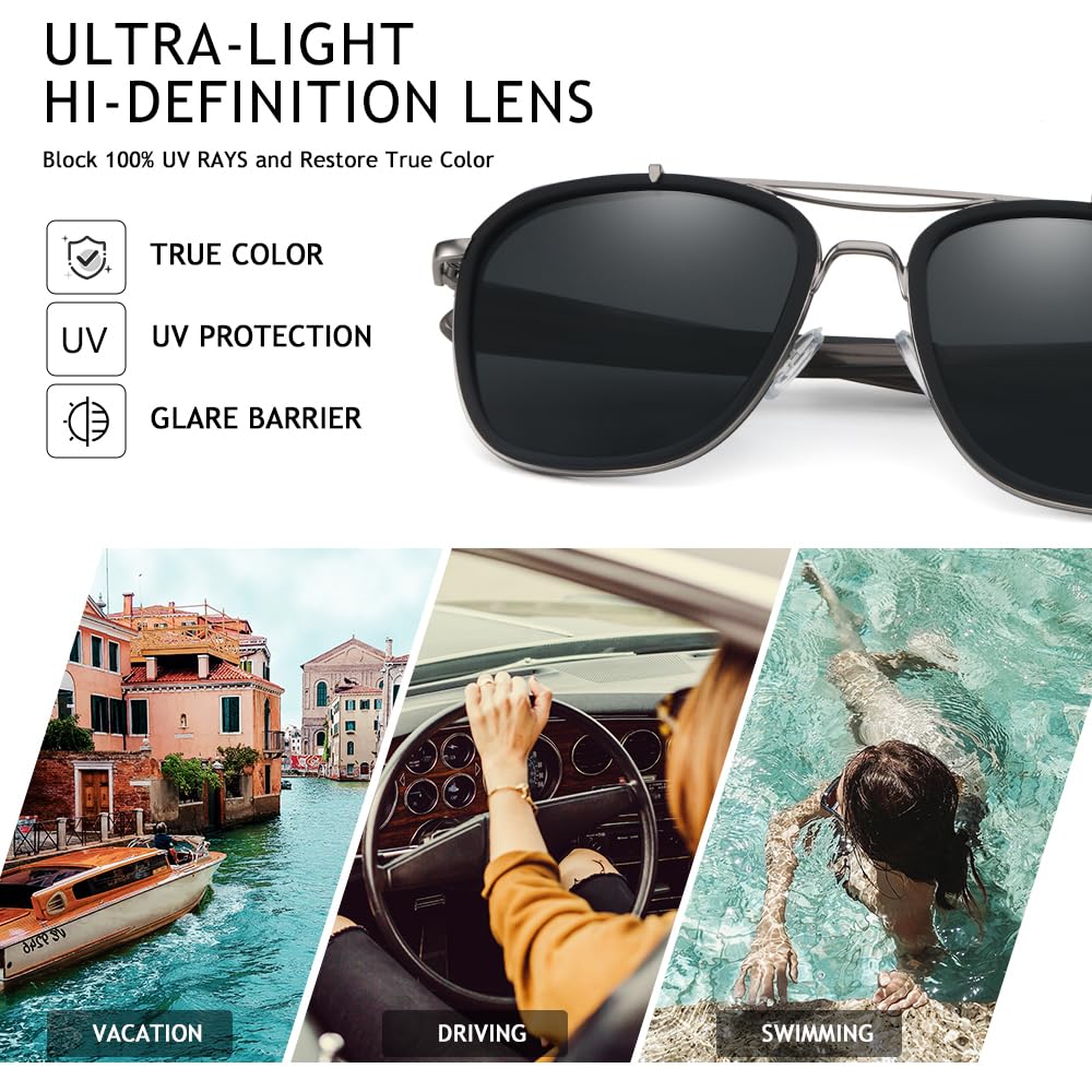 2020 VentiVenti Square Sunglasses For Women Men Polarized Double Bridge Retro Metal Frame UV Protection Brown Frame/Gradient Smoke&Orange Lens