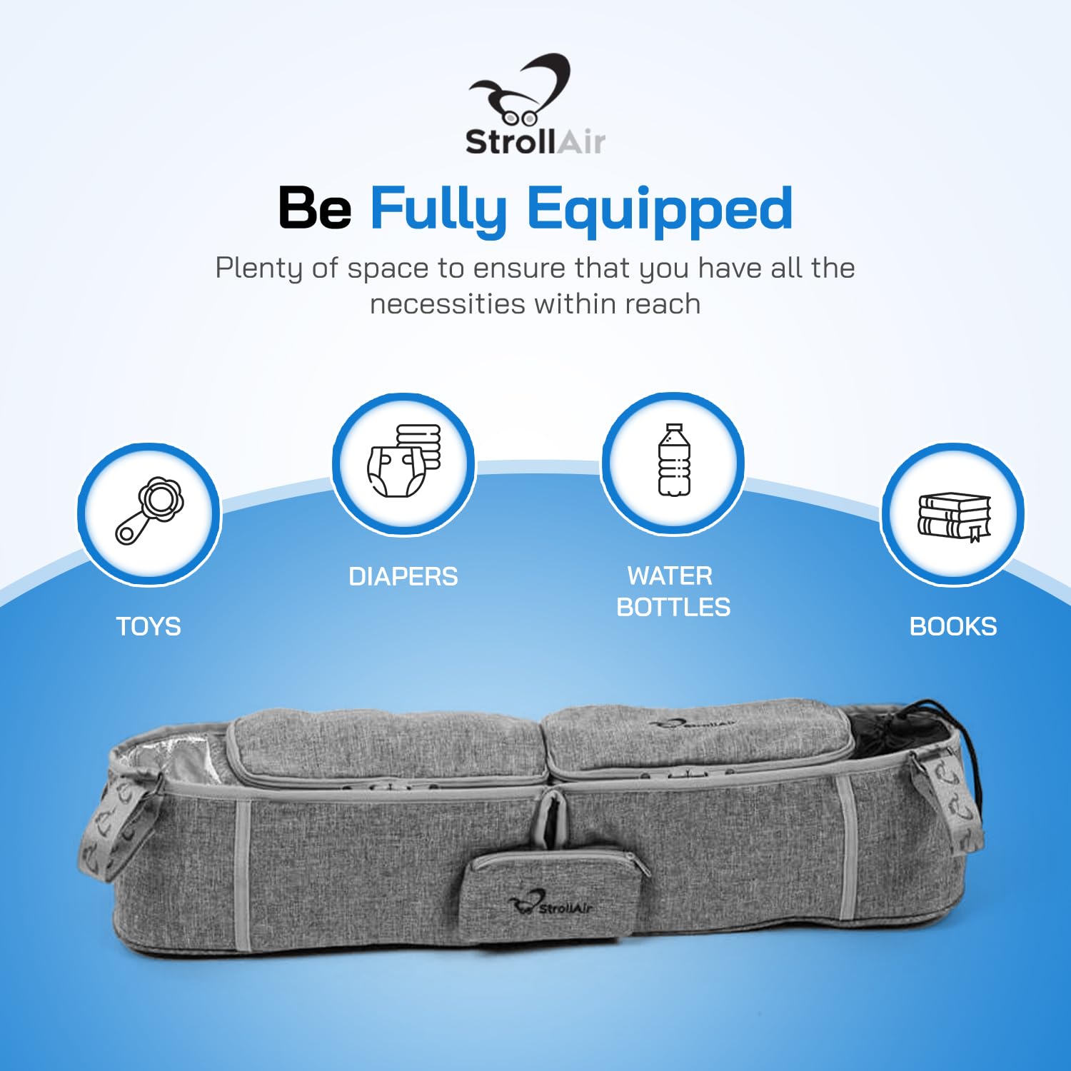 StrollAir Universal Double Stroller Organizer, Insulated Cup Holder Stroller Caddy for TWIN WAY Mountain Buggy Bumbleride Indie Twin Bob Duallie & Baby Jogger City Mini Stroller Accessories, Grey