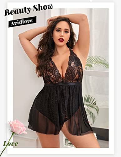 Avidlove Plus Size Babydoll Womens Lingerie Snap Crotch Lace Nighty Halter Plunging Mesh Sleepwear 14-24W (18W, Black)