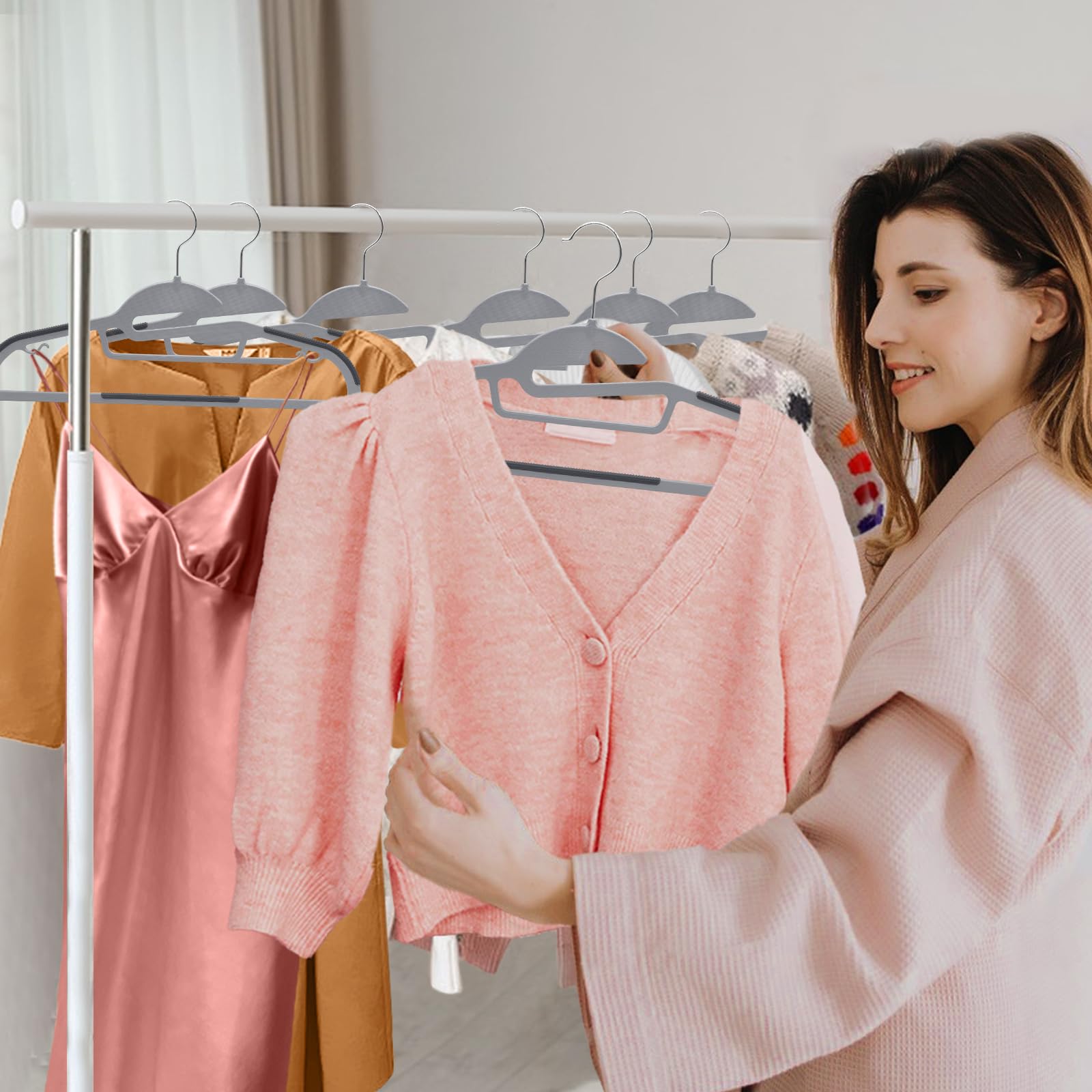 ABHENG 30 Pack Plastic Coat Hangers, Heavy Duty Pant Hangers, Space-Saving Suit Hangers with S-Shaped Opening, Non-Slip, 360º Swivel Hook, 16.3”L x 0.2”W x 8.9”H, Gray, UAPY0430G