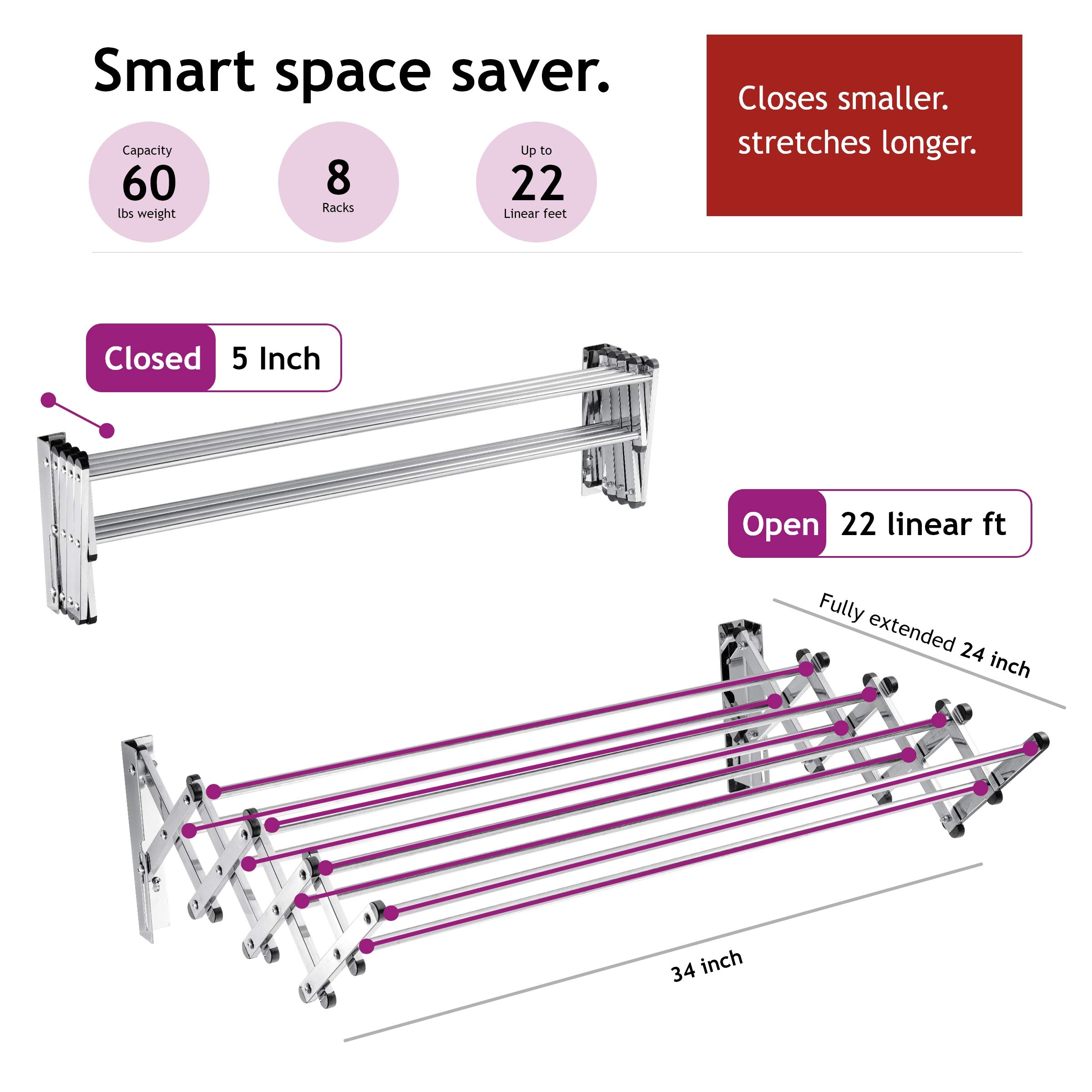 Bartnelli Accordion Wall Mounted Drying Rack | 8 Smooth Round Stainless Steel Rods | Huge 22 Linear Feet Capacity | Compact Sleek Design || 60lb Capacity