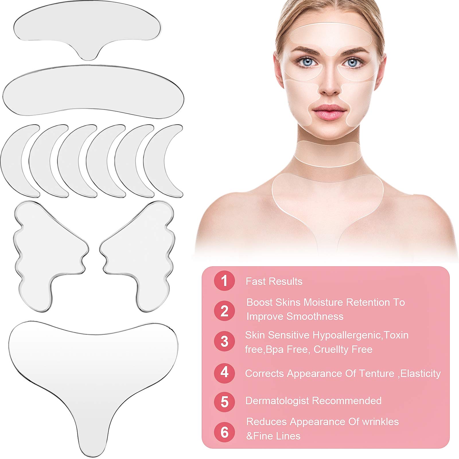 SATINIOR 11 Pieces Reusable Silicone Chest Wrinkle Pads Patches, Silicone Neck Decollete Anti Wrinkle Patches Pad Forehead Face Cleavage Eye Cheek Stick Valentine's Day Gift